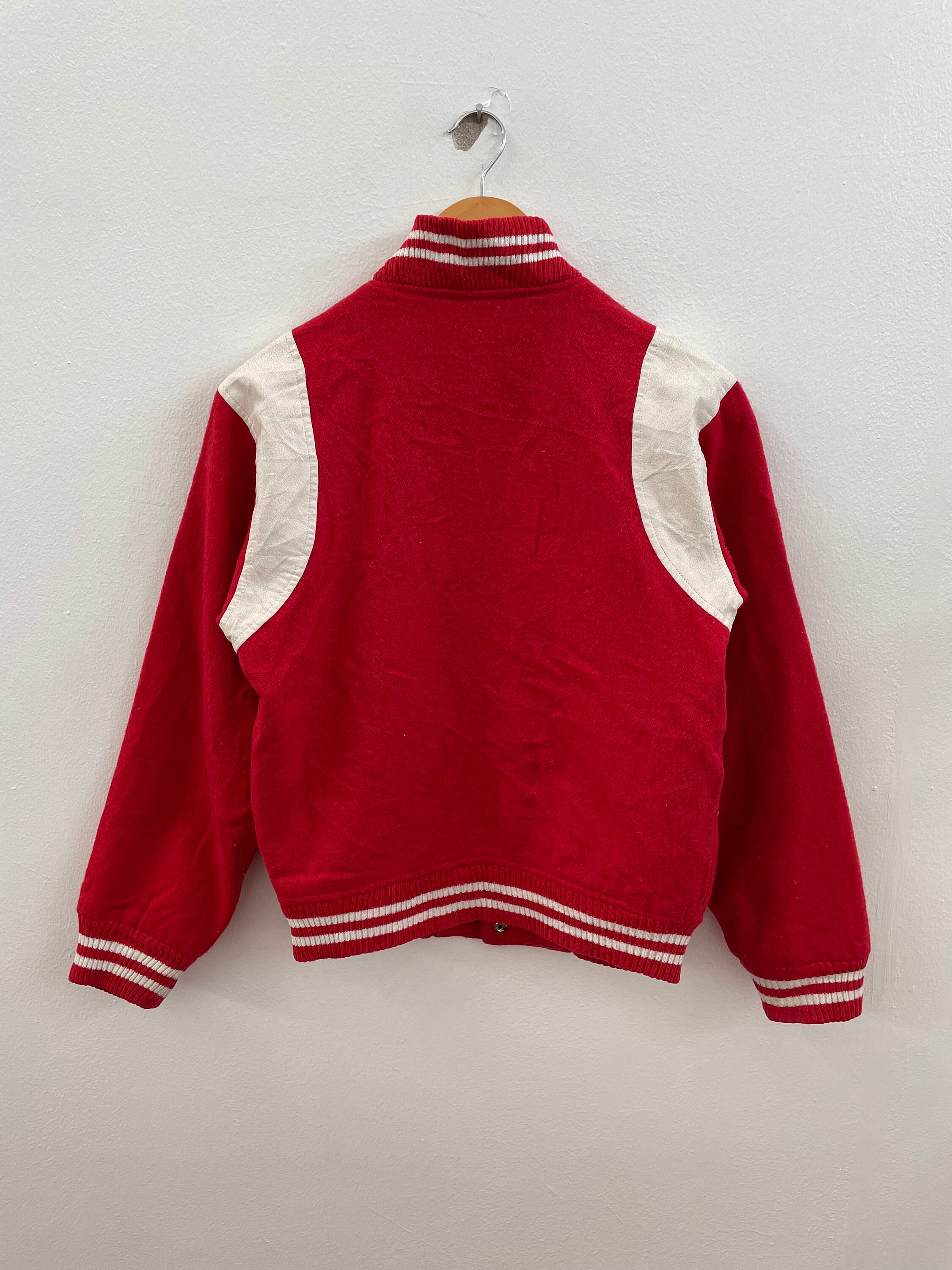 Vintage Japanese Varsity Jacket Red Wool Leather Trimm Wool Varsity ...