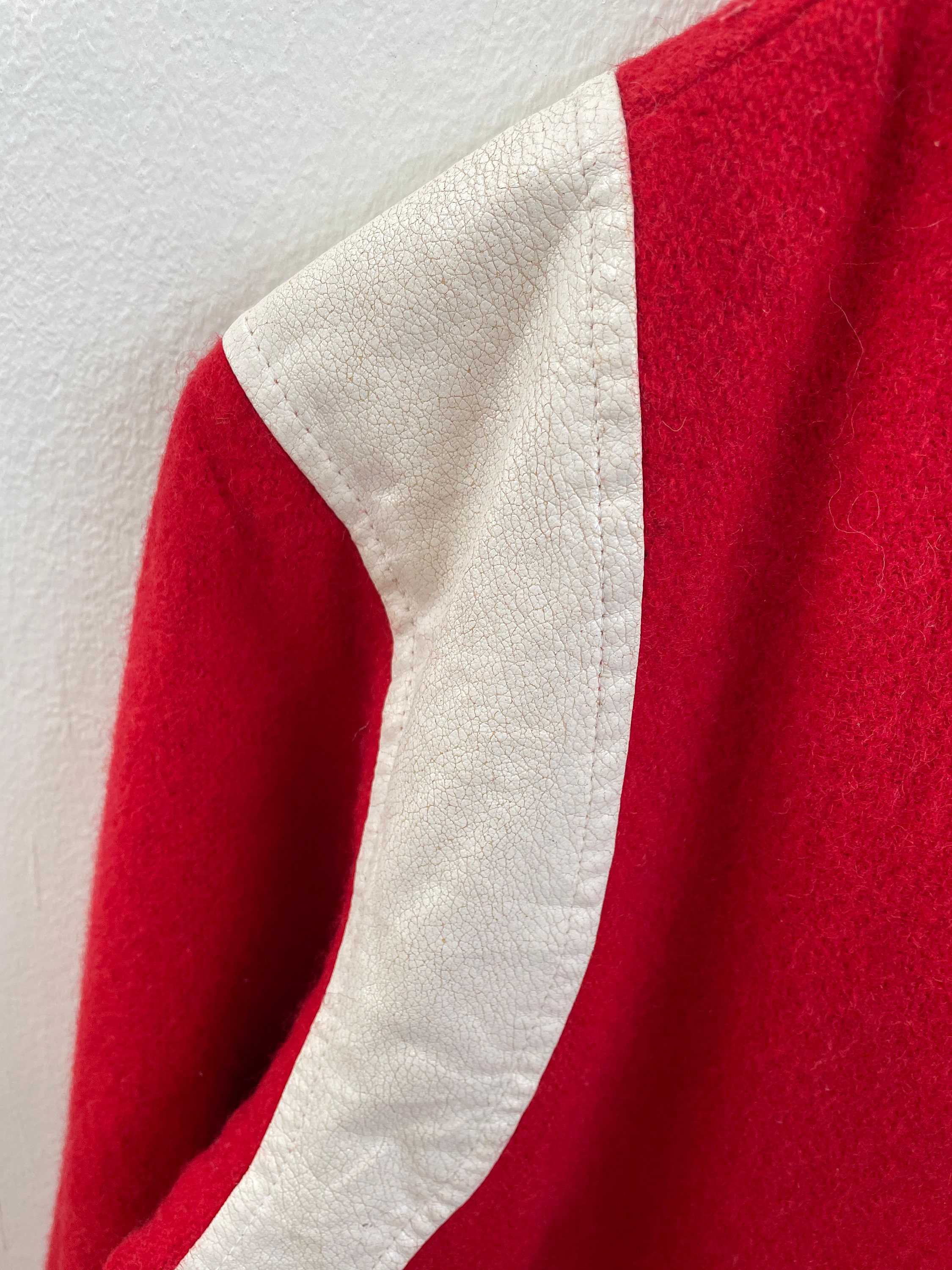 Vintage Japanese Varsity Jacket Red Wool Leather Trimm Wool Varsity ...