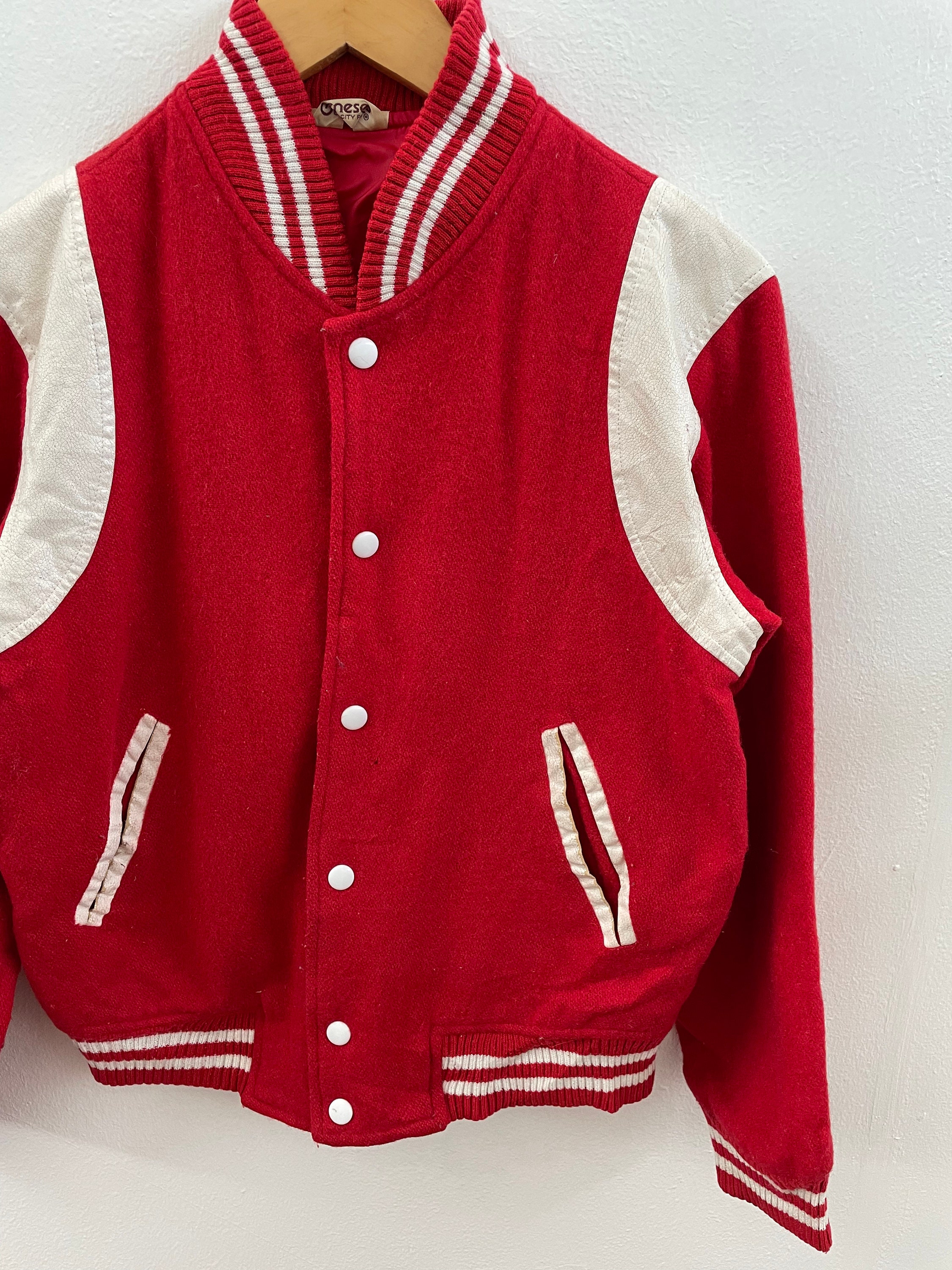 Vintage Japanese Varsity Jacket Red Wool Leather Trimm Wool Varsity ...