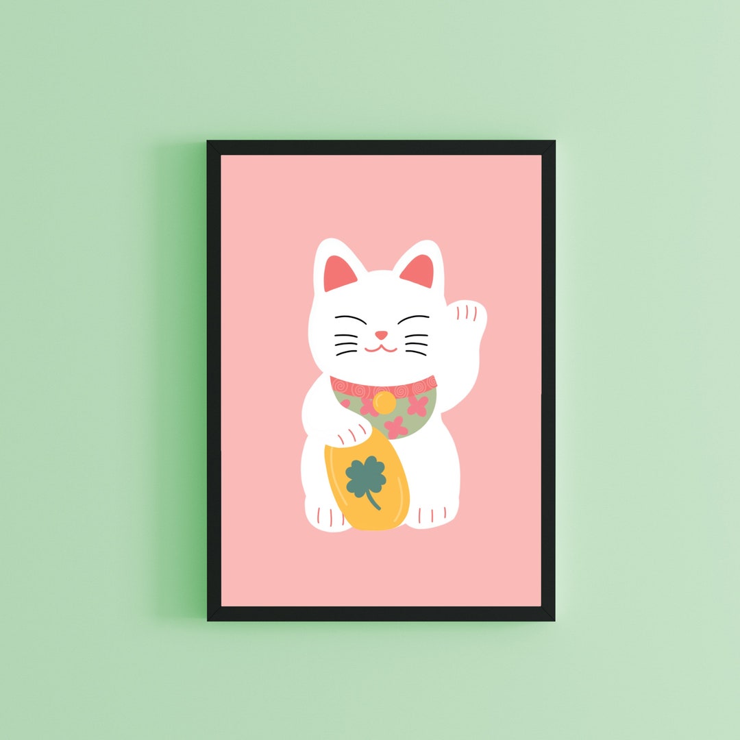 Maneki Neko Art Lucky Cat Print Japanese Cat Bright Wall Prints Pink ...