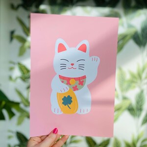 Maneki Neko Art Lucky Cat Print Japanese Cat Bright Wall Prints Pink ...