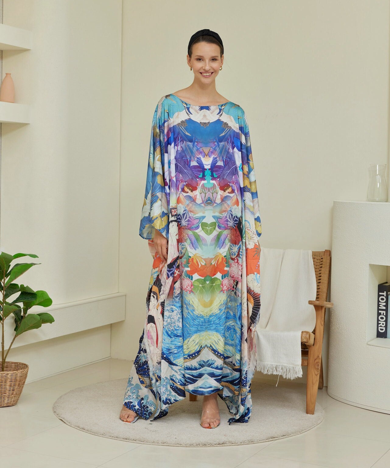 Blue Japanese Wave Abstract Silk Kaftan Gradient Oriental Floral Caftan Full Length Lounge Wear ...