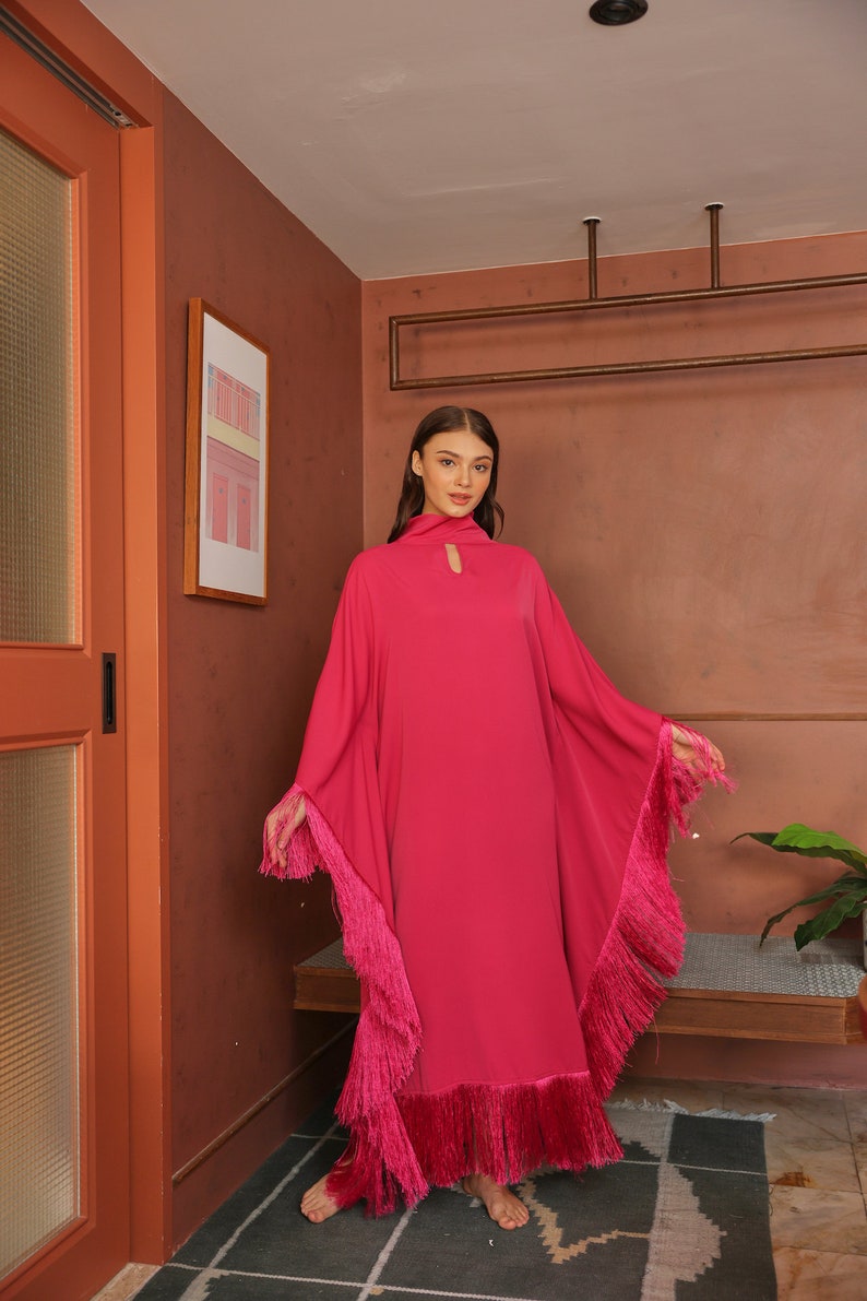Hot Pink Caftan V-neck Style Fringed Kaftans Latest Fancy Outfit Top ...