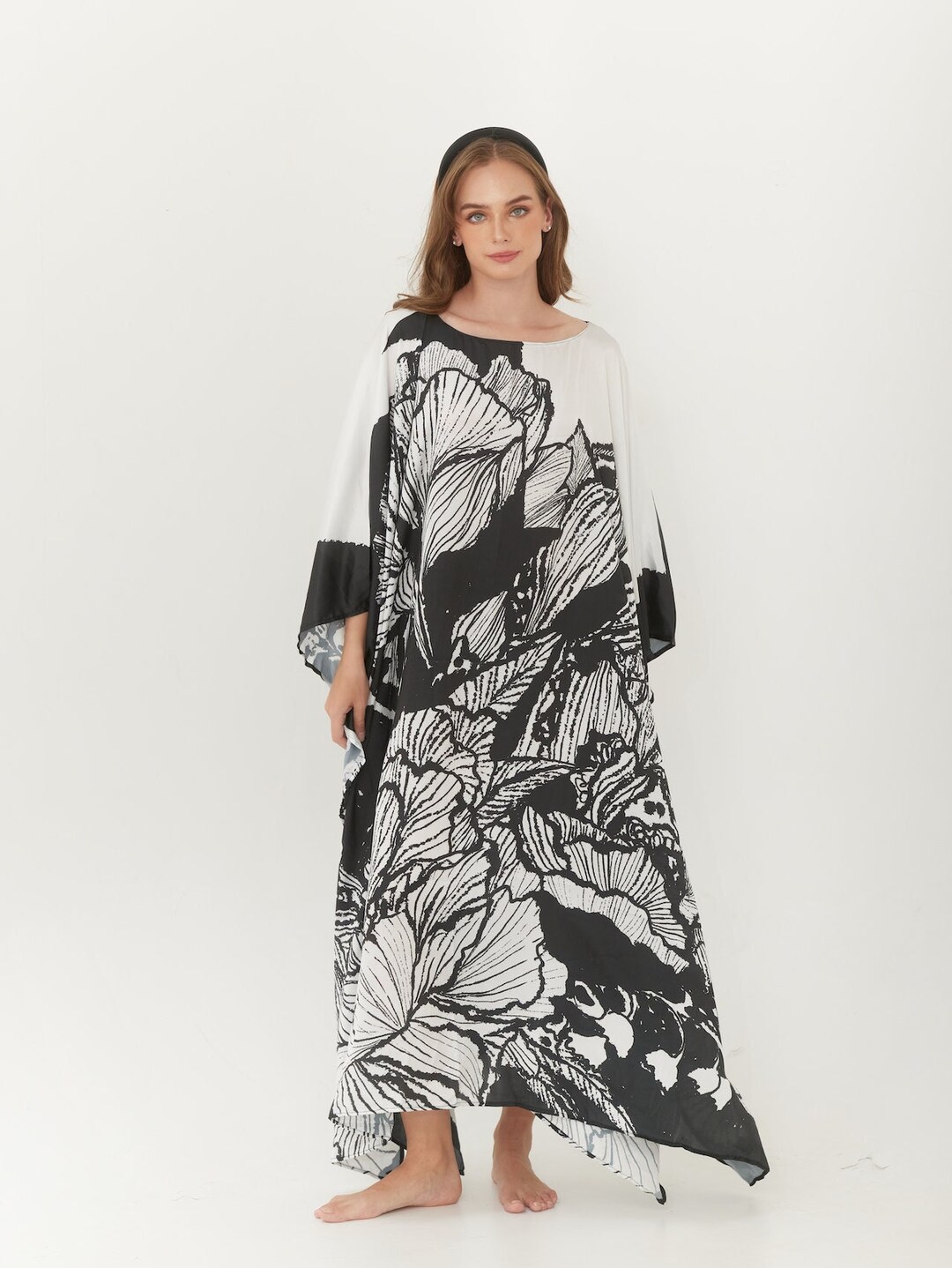 Silk Floral Kaftan Black White, Abstract Silk Kaftan Full Length, Beach ...