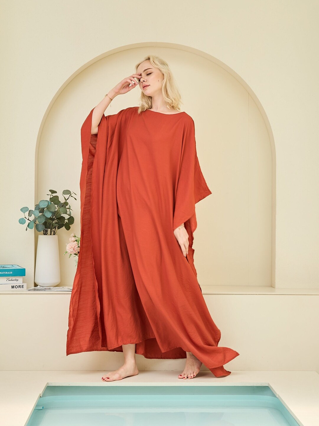 Brick Red Dark Orange Dress for Women Silk Japan Kaftan Dress Earthy ...