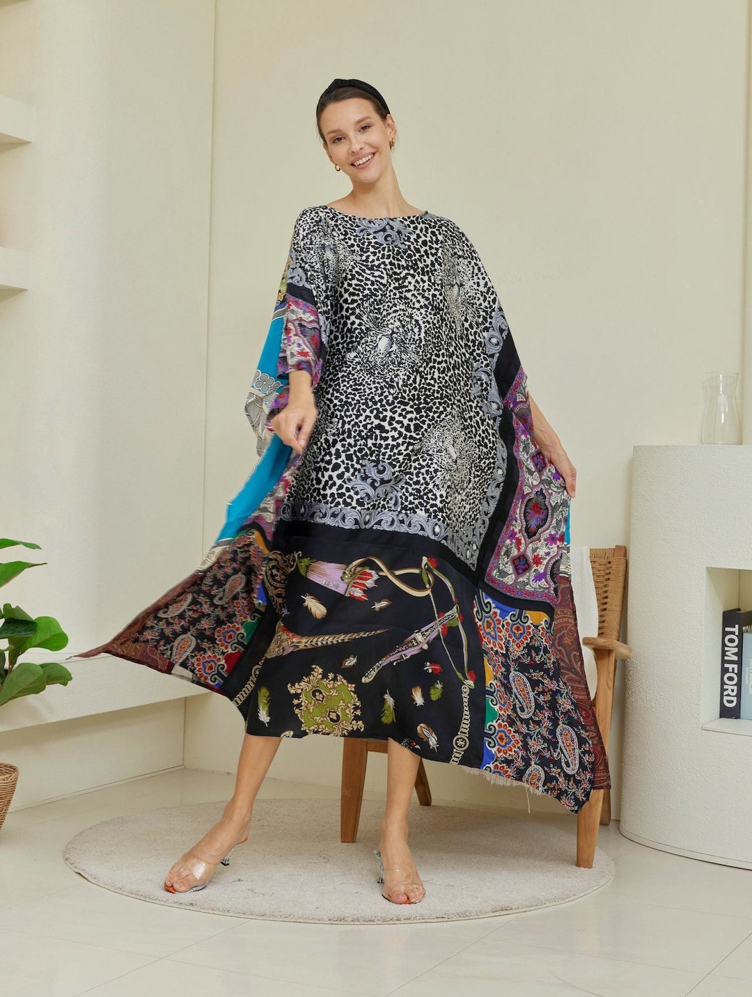 Patchwork Scarves Black Plus Size Boho Kaftan Silk Floral Blue Orchid ...