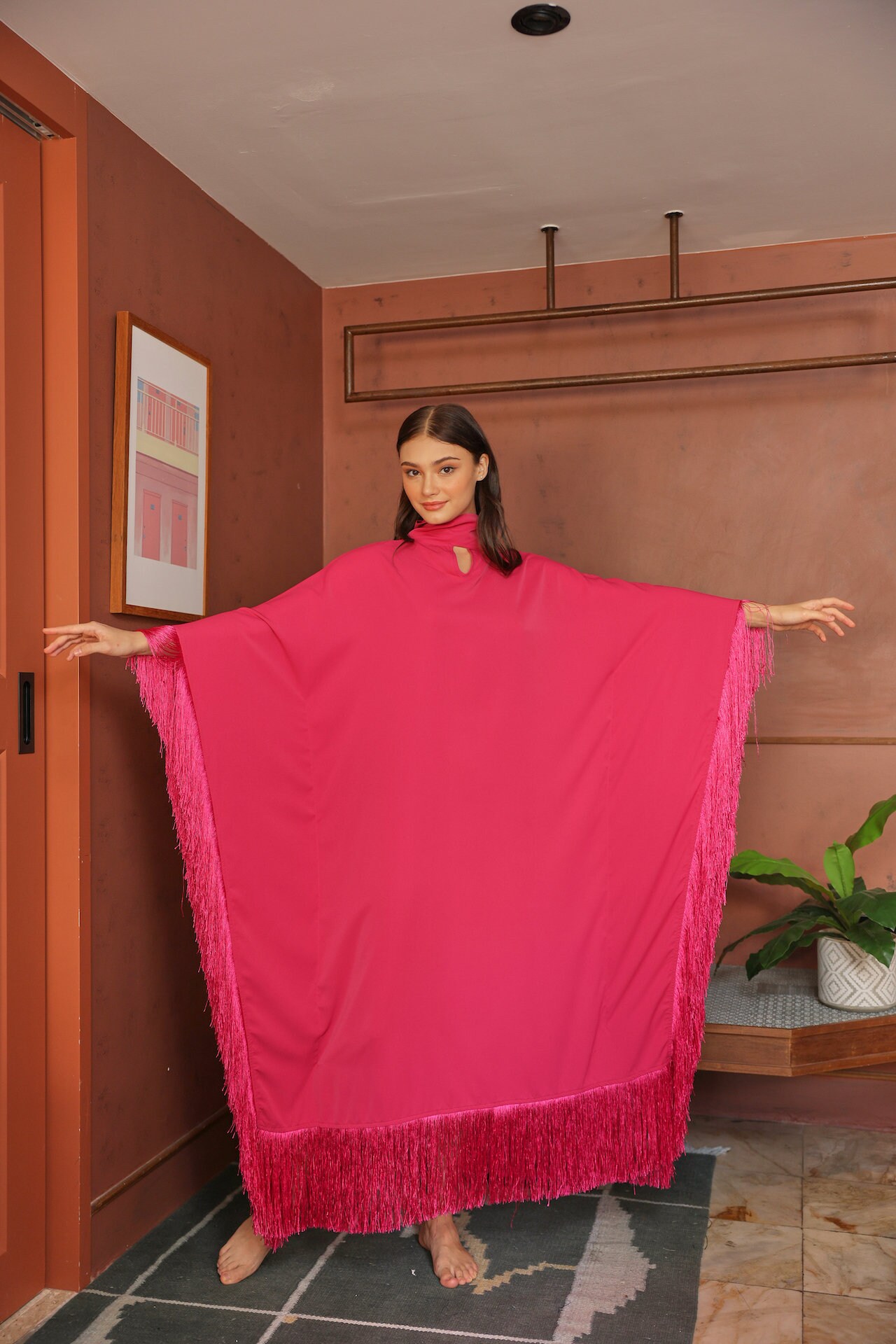 Hot Pink Caftan V-neck Style Fringed Kaftans Latest Fancy Outfit Top ...