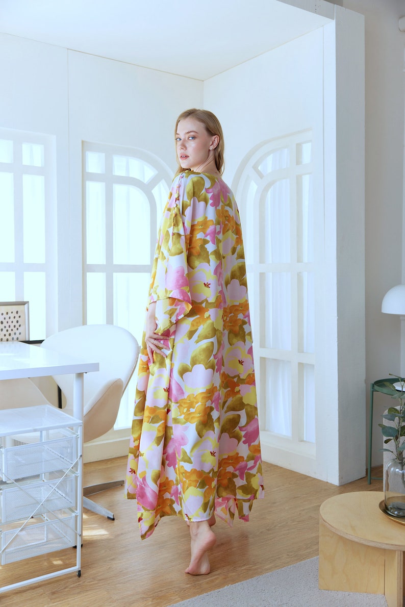 Baby Pink Green Floral Button at Shoulder- Kaftan Pajamas Women Silk ...