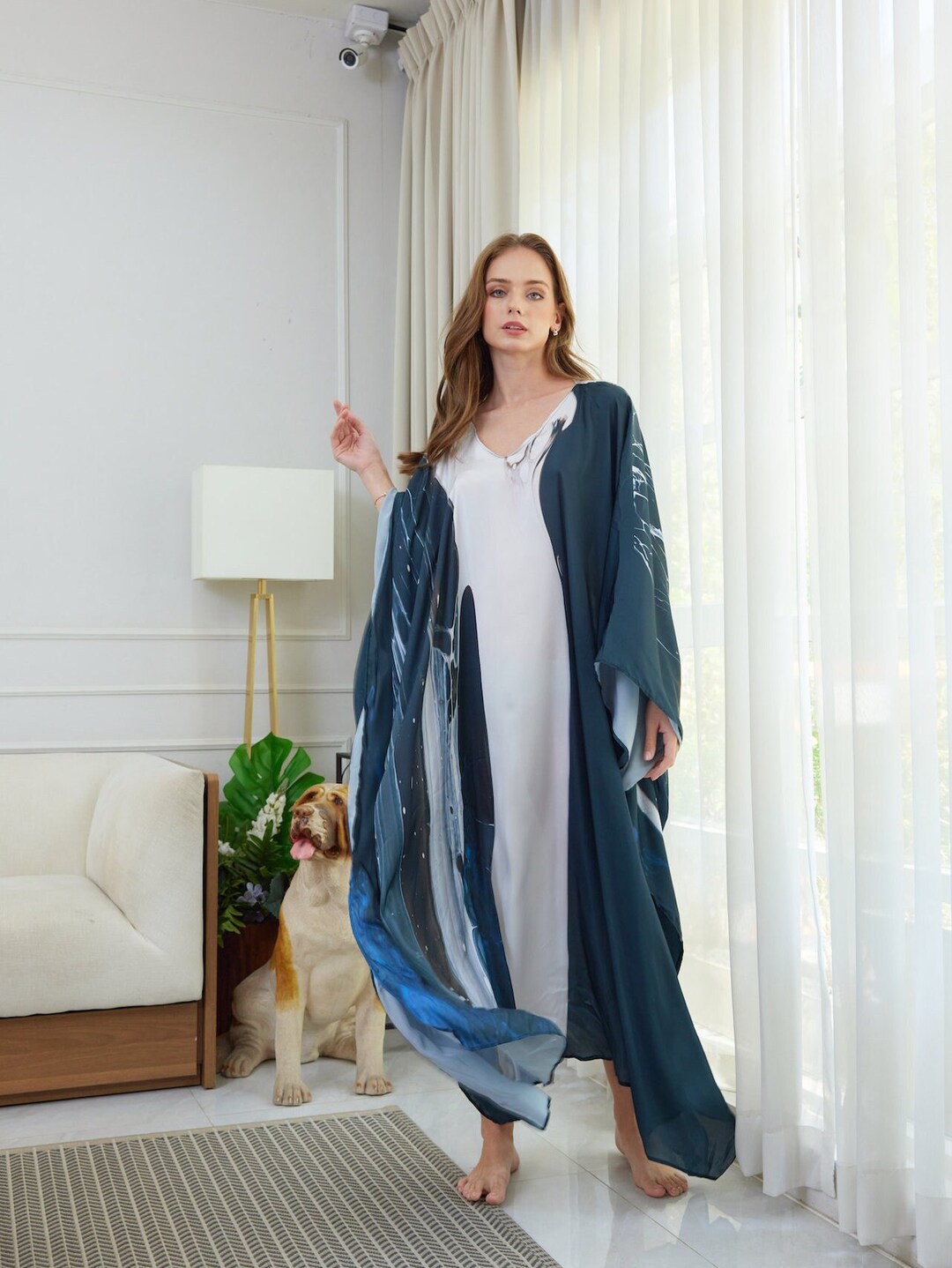 Handpainted Dark Blue Ocean Wave Fluid Silk Kaftan Maxi Dress Full Length Abstract Plus Size ...