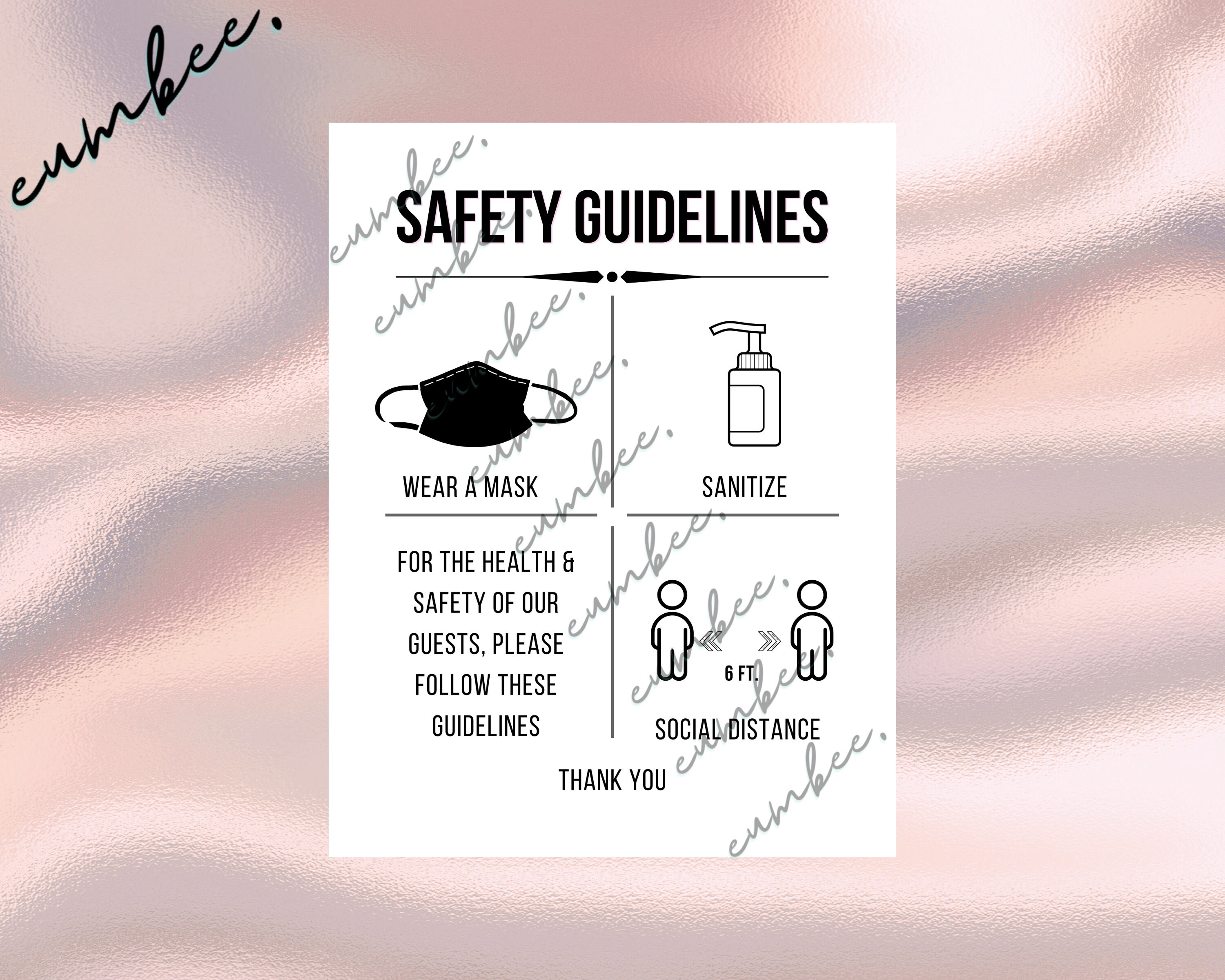 4 Pk Chic COVID Safety Guidelines, Masks Available, Sanitizing Station ...
