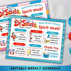 Editable School Spirit Week Schedule, Read Across America Week 2025 ...
