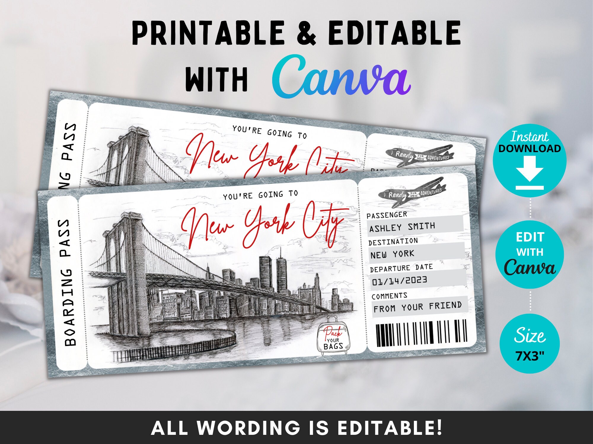 Plantilla editable de billete de viaje sorpresa a Nueva York, tarjeta de embarque a Nueva York ...