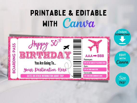 Editable 50th Birthday Boarding Pass Template Pink Birthday - Etsy