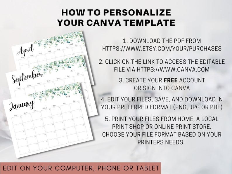 Eucalyptus Printable Editable 2023 Monthly Calendar Greenery - Etsy