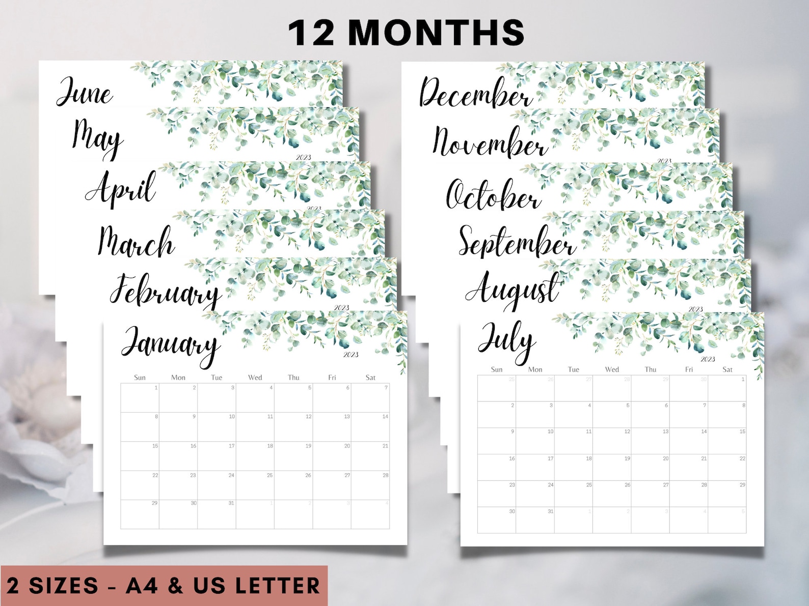 Eucalyptus Printable Editable 2023 Monthly Calendar Greenery - Etsy