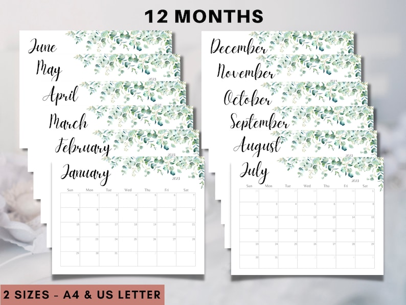 Eucalyptus Printable Editable 2023 Monthly Calendar Greenery - Etsy