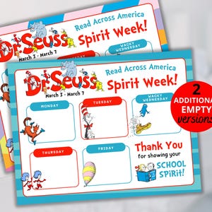 Editable School Spirit Week Schedule, Read Across America Week 2025 ...