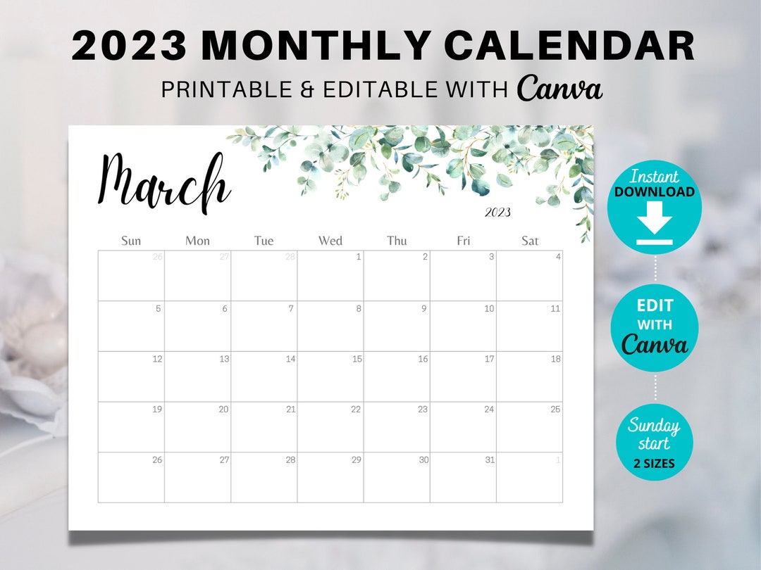 Eucalyptus Printable Editable 2023 Monthly Calendar Greenery - Etsy
