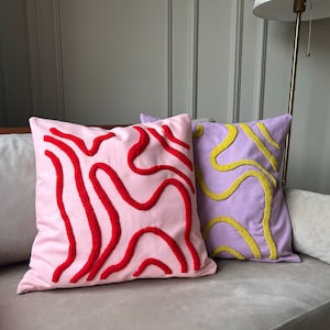 Punch Needle Vibrant Wavy Pillow Cover, Hand Tufted Pink Orange Throw ...