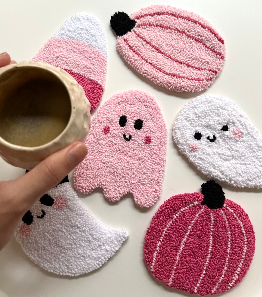 Spooky Home Decor, Pink Halloween Mug Rug, Pumpkin Punch Needle Coaster ...