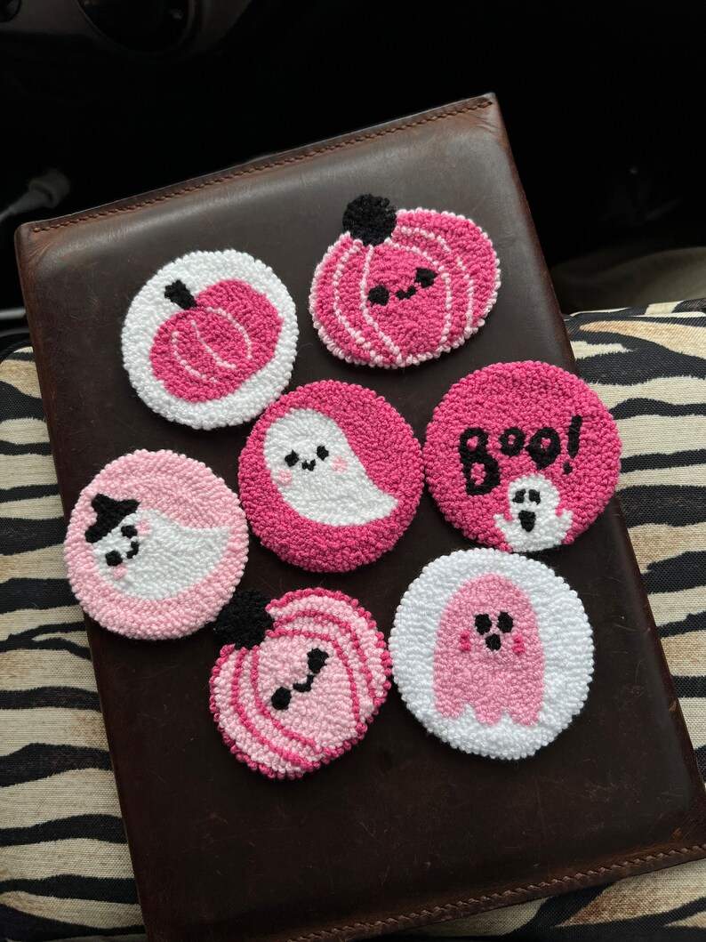Punch Needle Halloween Car Coasters, Spooky Ghost & Pumpkin Set - Etsy