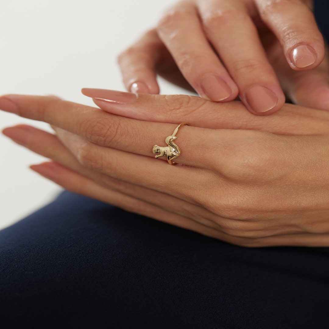 14K Solid Gold Squirrel Ring for Women, Little Squirrel Band ...