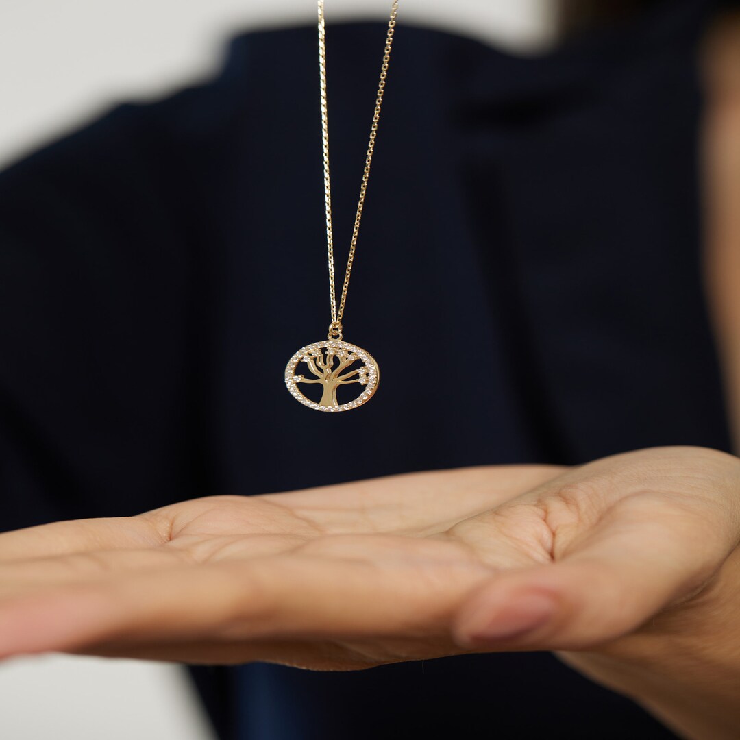 14k Real Solid Gold Family Tree Necklace, Life of Tree Charm Pendant ...
