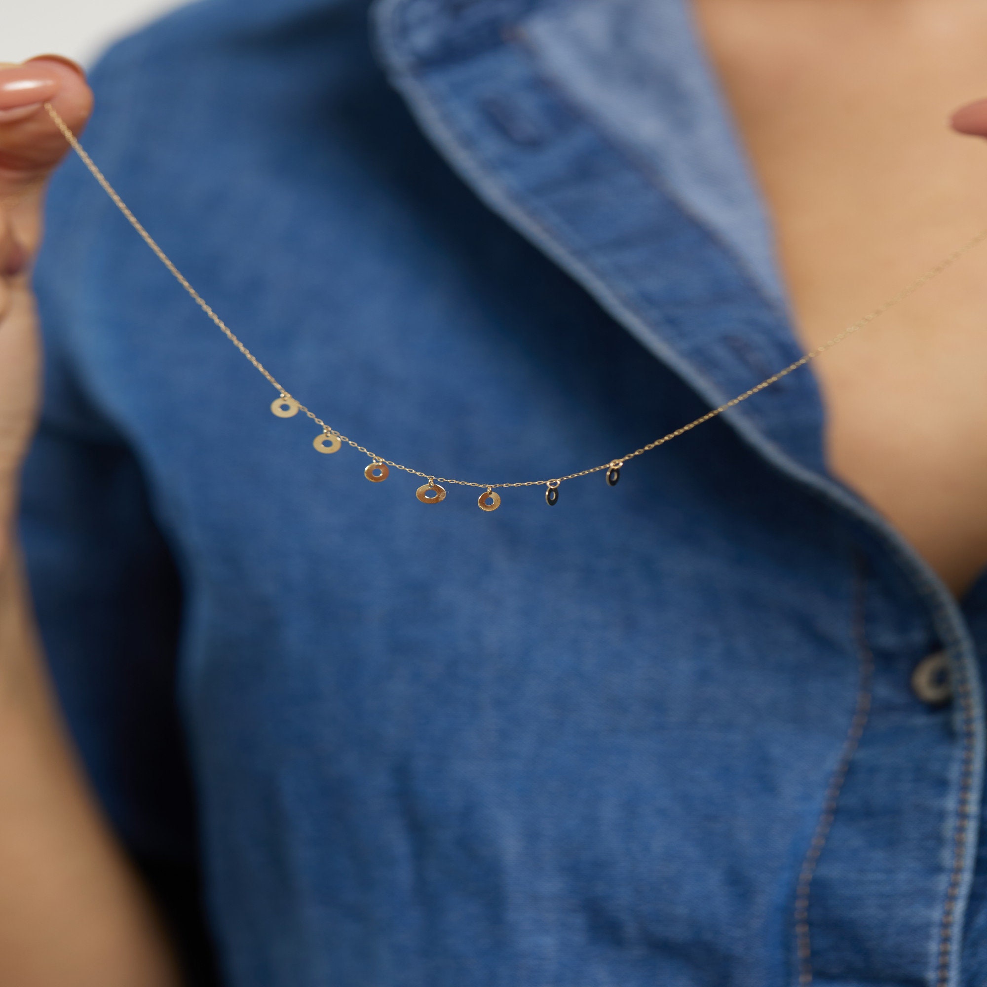 14k Real Solid Gold Multi Disc Necklace for Women, Stylish Station ...