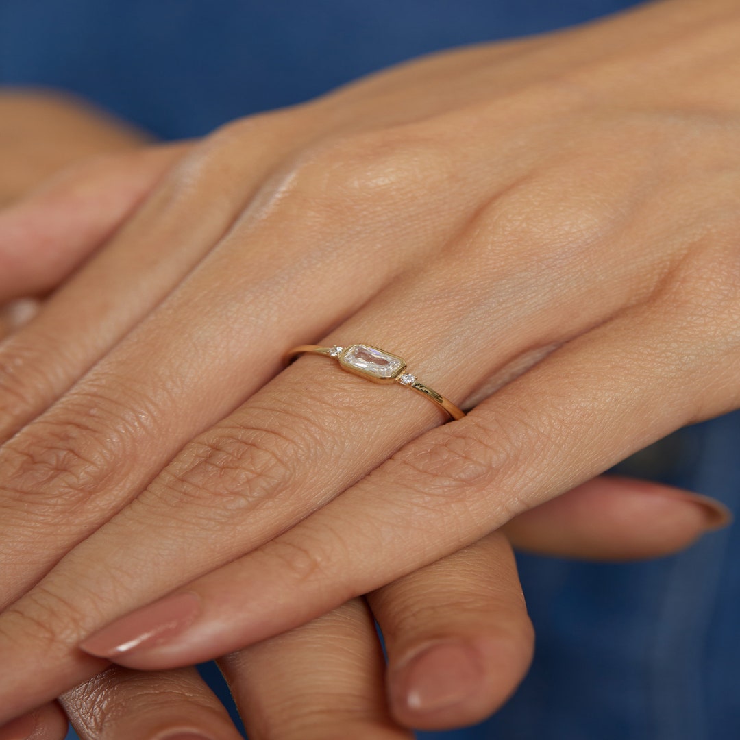 14k Solid Gold White Ring for Women, White Baguette Ring, Dainty ...