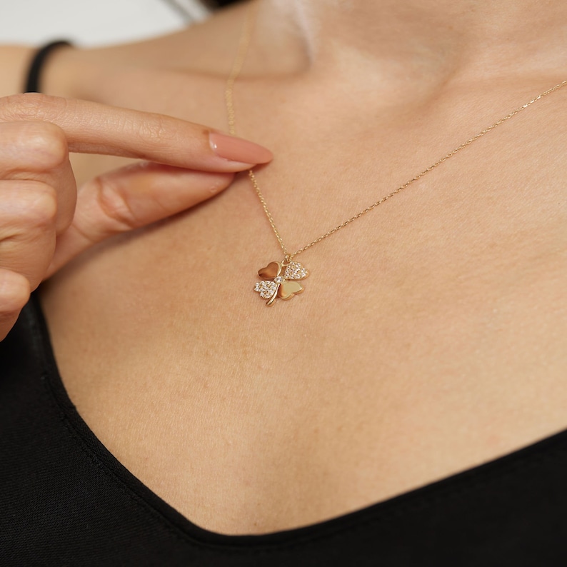 14k Real Solid Gold 4 Leaf Clover Necklace, Minimalist Lucky Jewelry ...