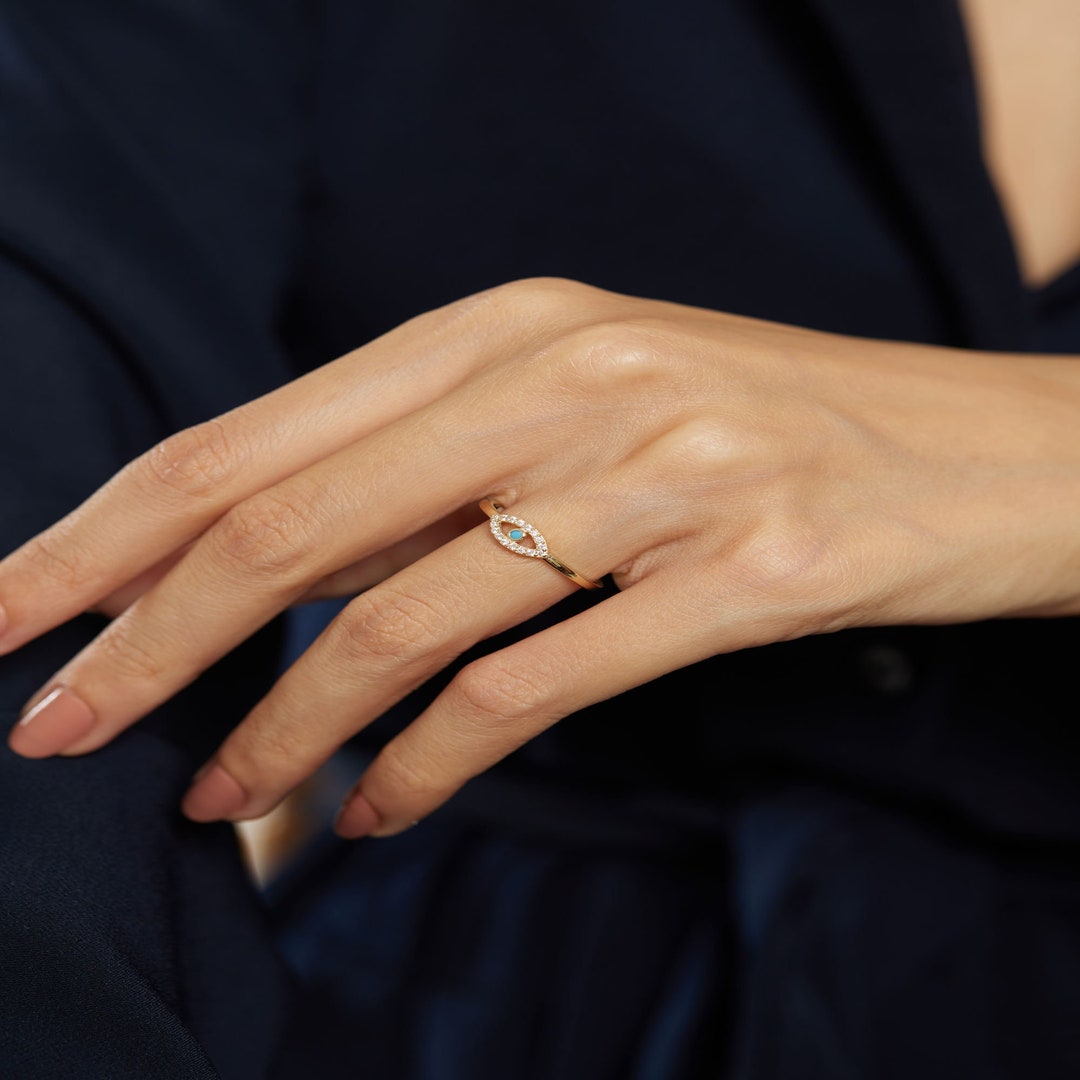 14k Solid Gold Evil Eye Ring for Women, CZ Evil Eye Ring, Charm Blue ...