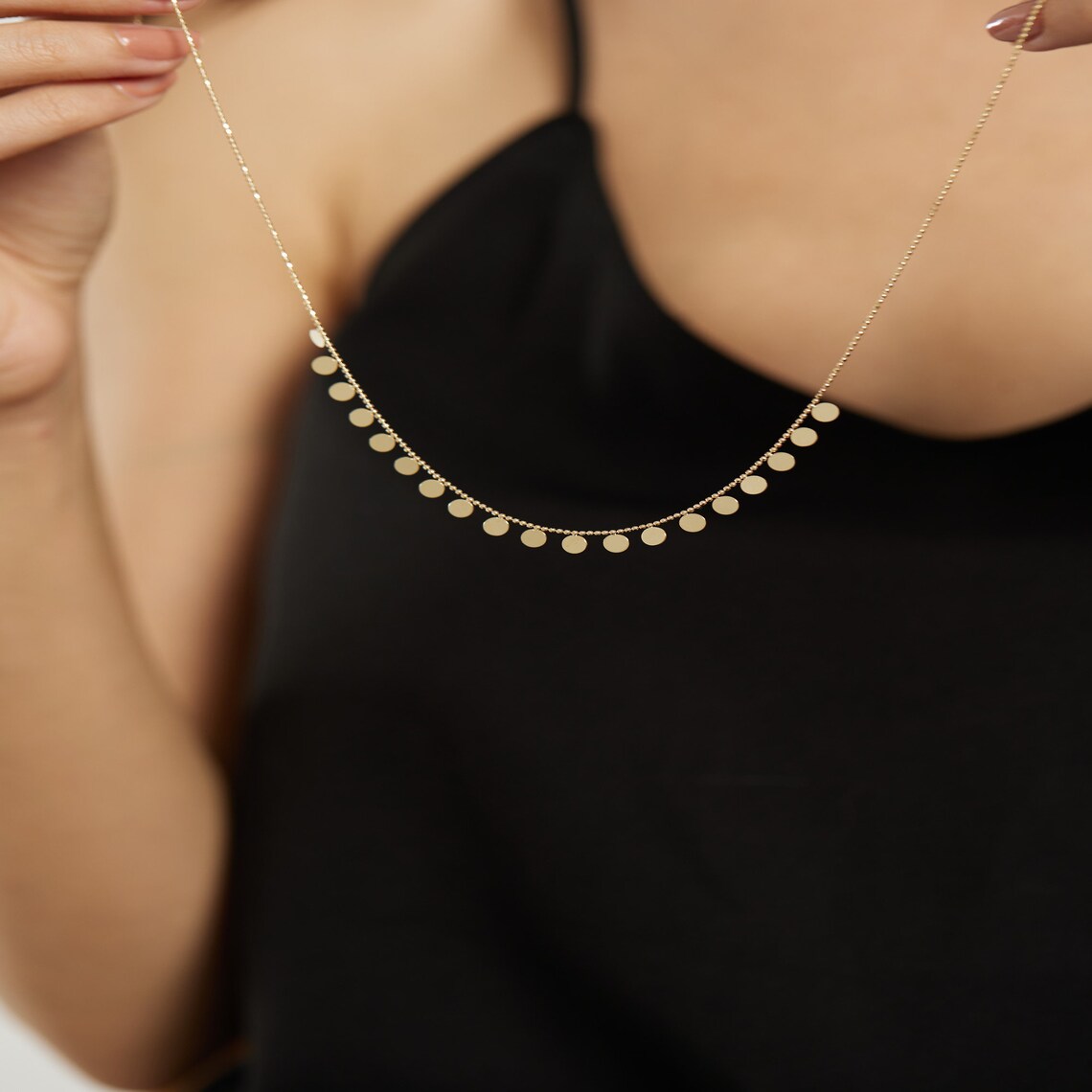 14k Real Solid Gold Multi Disc Necklace for Women, Stylish Station ...