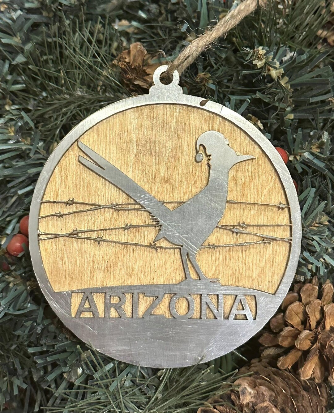 Roadrunner Santa Ornament – Metal & Wood Rustic Holiday Decor ...