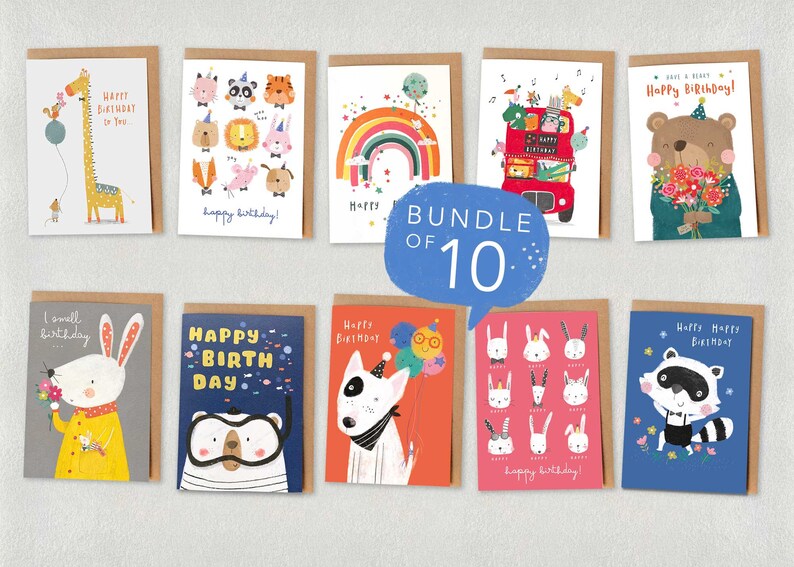 Multi Pack of cute Animal Cards 12 Children Birthday Cards Set ...