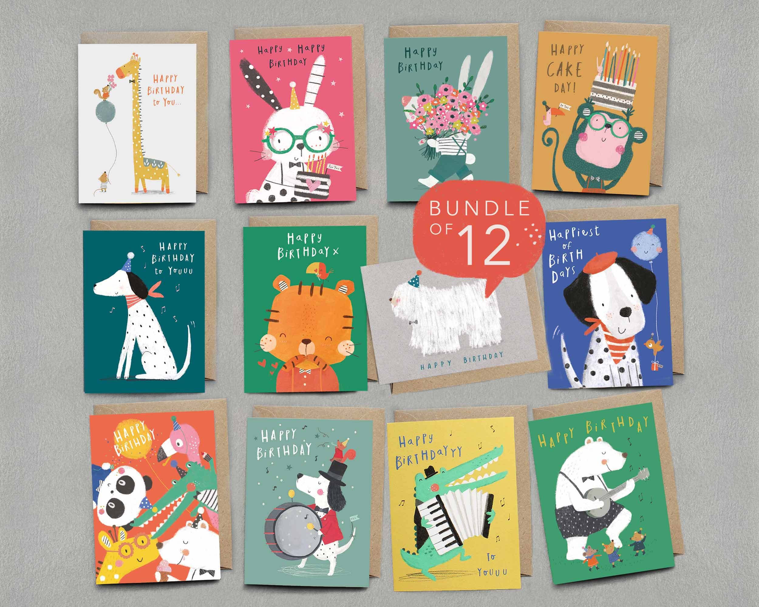 12 Children Birthday Cards Set, Multi Pack of Cute Animal Cards ...