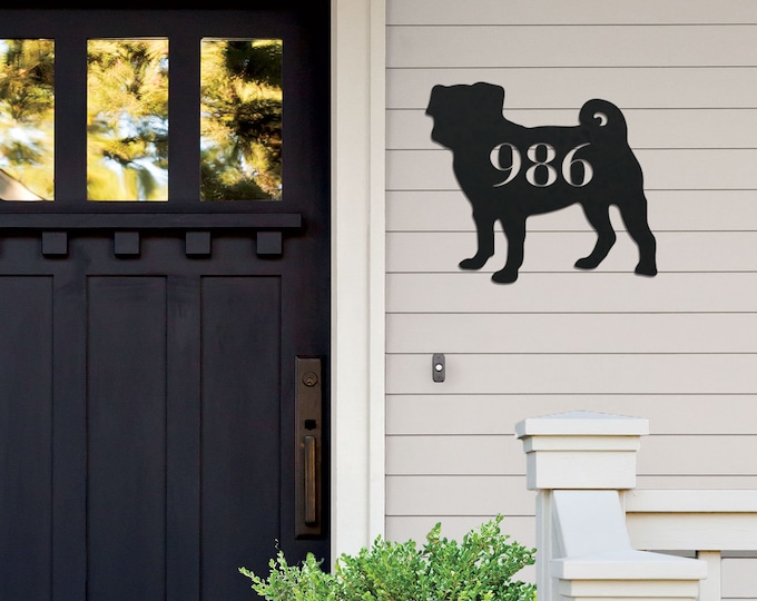 Metal Address Sign for Wall, Pug Dog House Numbers Decor, Dog Number ...