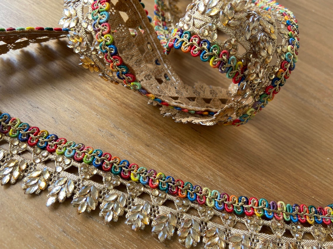 Digital Colours & Gold Braid With Leaf Droplets Gemstone Indian ...
