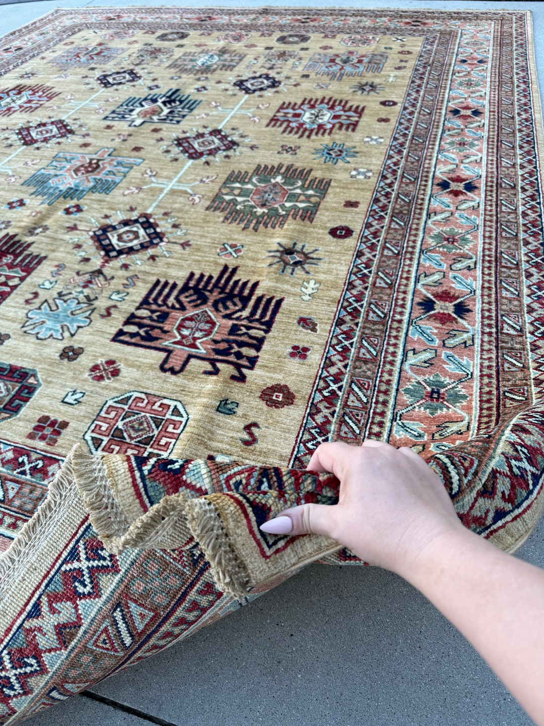 8x10 Handmade Afghan Rug | Beige Sand Tan Burgundy Crimson Red Sapphire ...