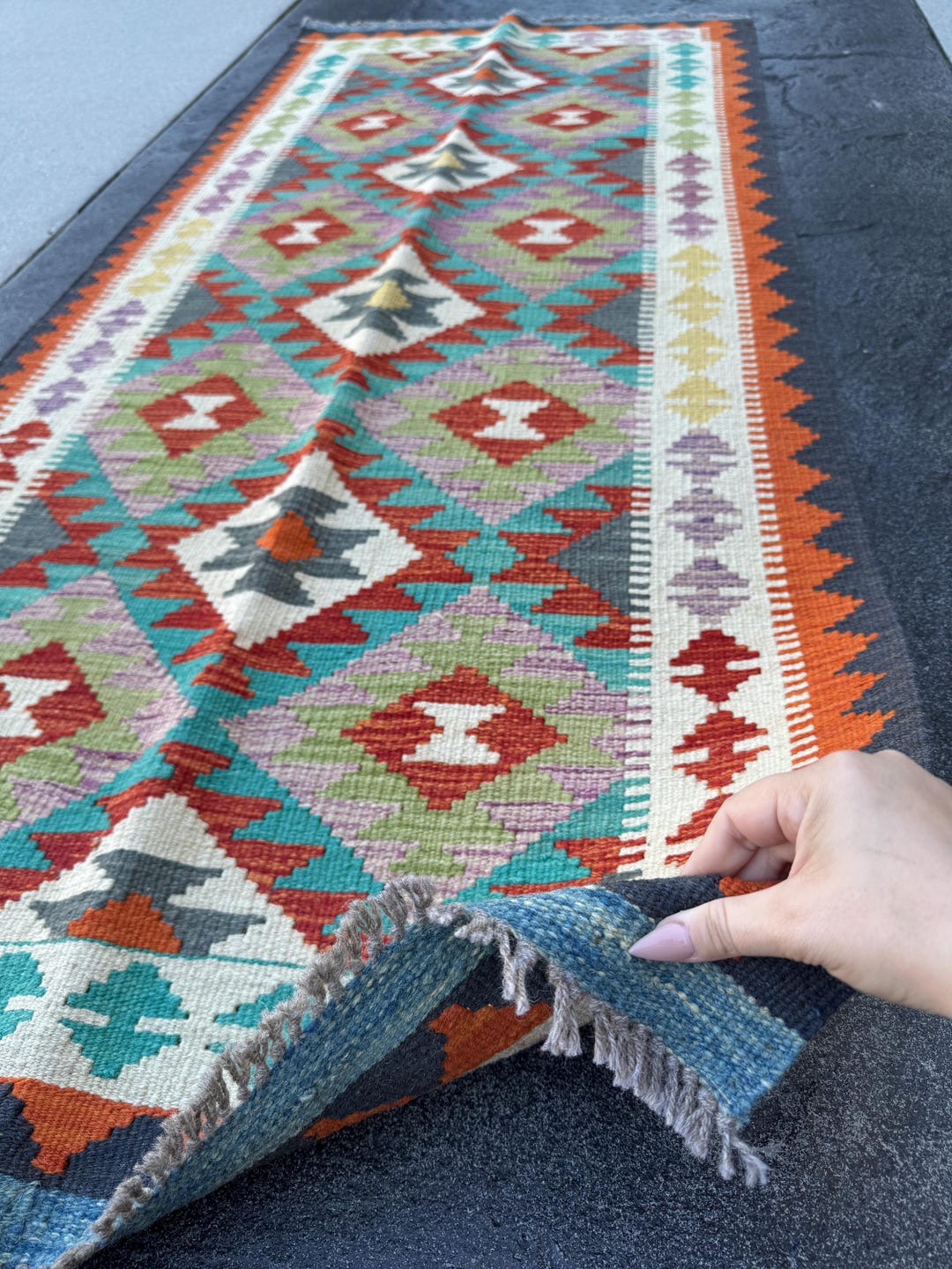 3x7 (100x200) Handmade Afghan Kilim Runner Rug | Cream Orange Brick ...