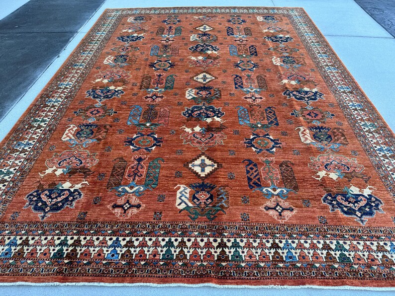 9x12 (275x365) Handmade Afghan Rug | Terracota Brown Blue Cream Green ...
