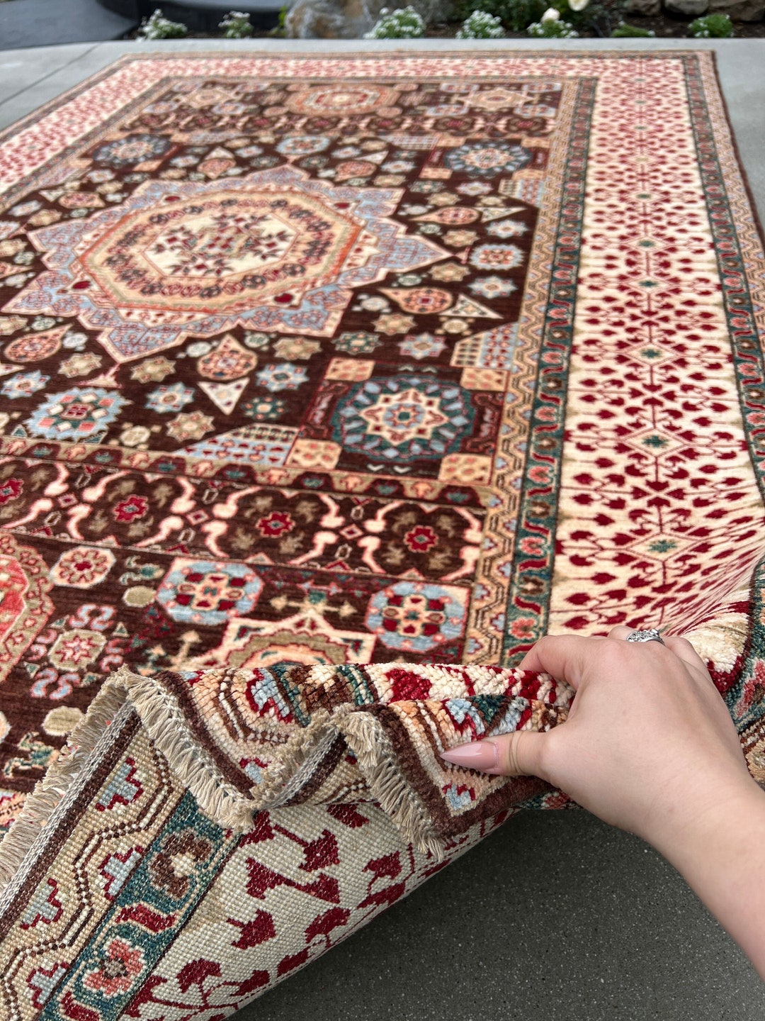 7x10 Handmade Afghan Rug | Chocolate Brown Brick Crimson Red Cream ...
