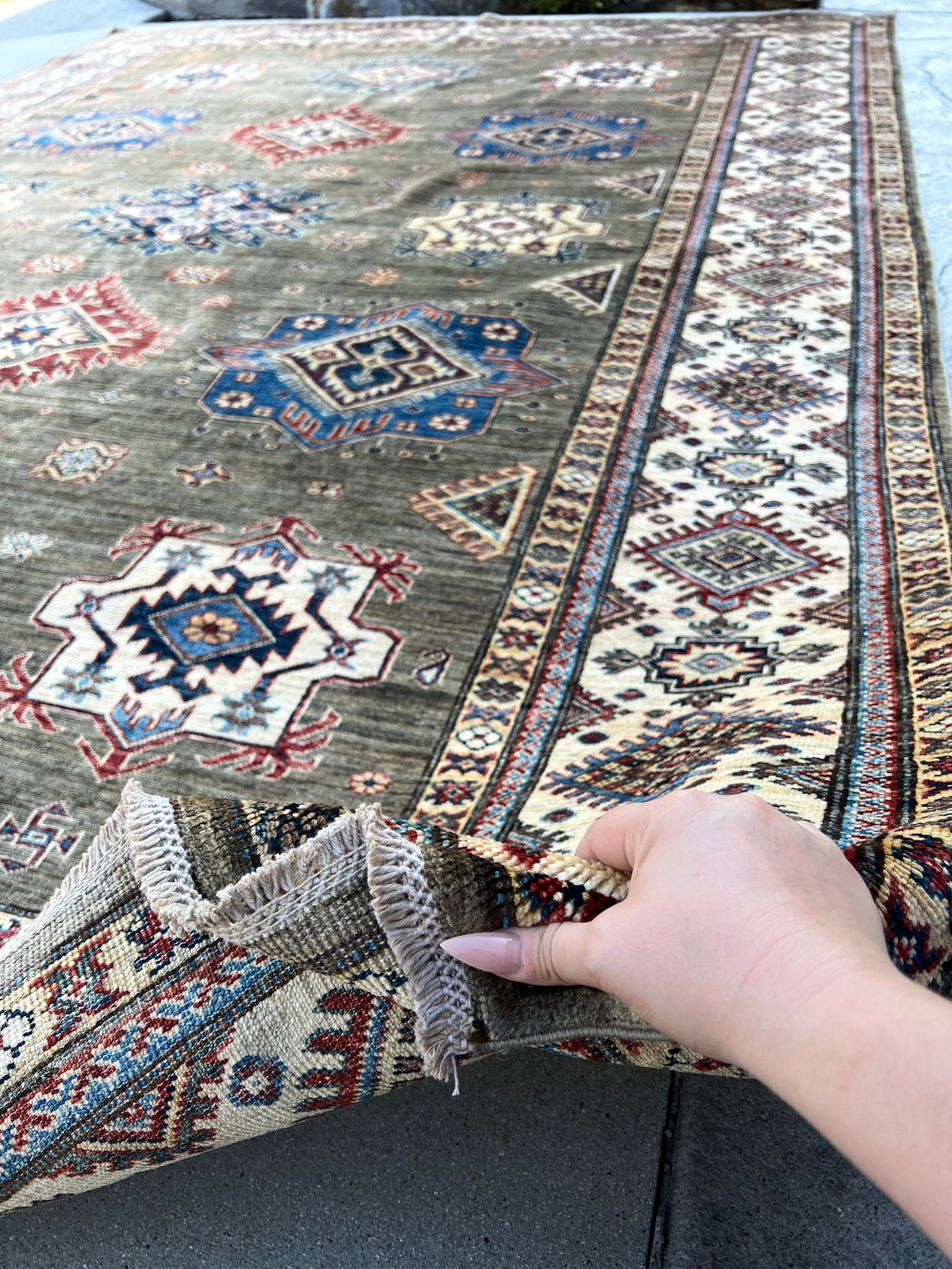 9x12 Hand-knotted Afghan Rug | Sage Green Grey Ivory Blue Red | Oushak ...