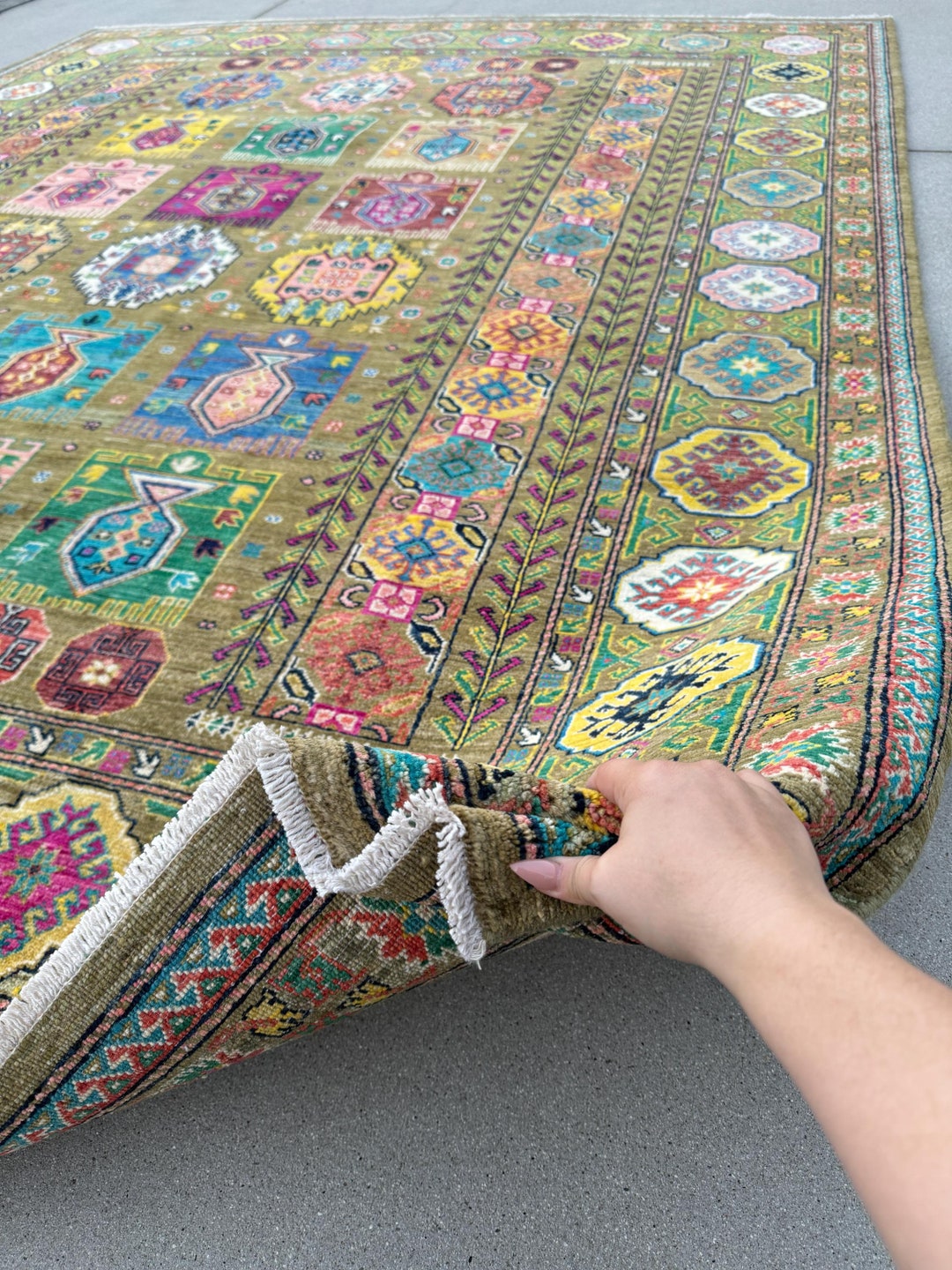 8x10 Hand Knotted Afghan Rug Chartreuse Moss Forest Green Mustard ...