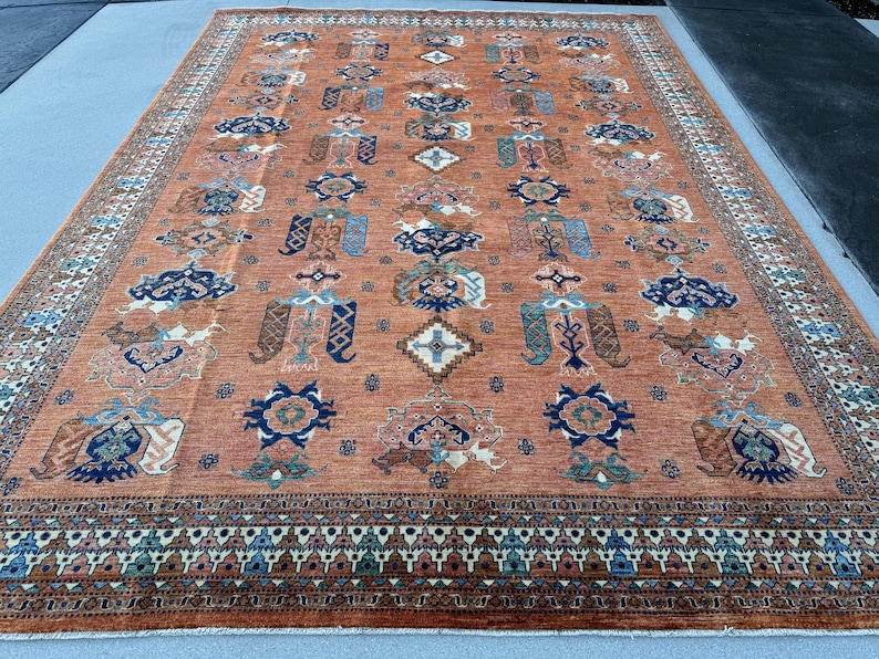 9x12 (275x365) Handmade Afghan Rug | Terracota Brown Blue Cream Green ...