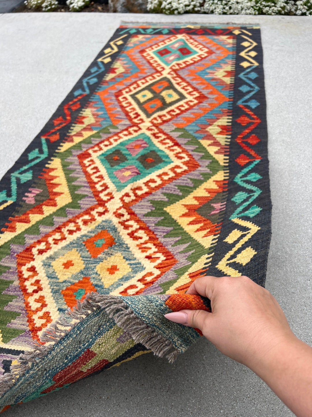 3x7 (100x200) Handmade Afghan Kilim Runner Rug | Black Beige Olive Sage ...