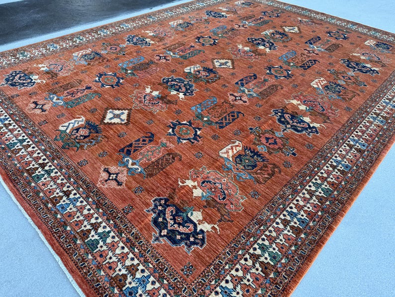 9x12 (275x365) Handmade Afghan Rug | Terracota Brown Blue Cream Green ...