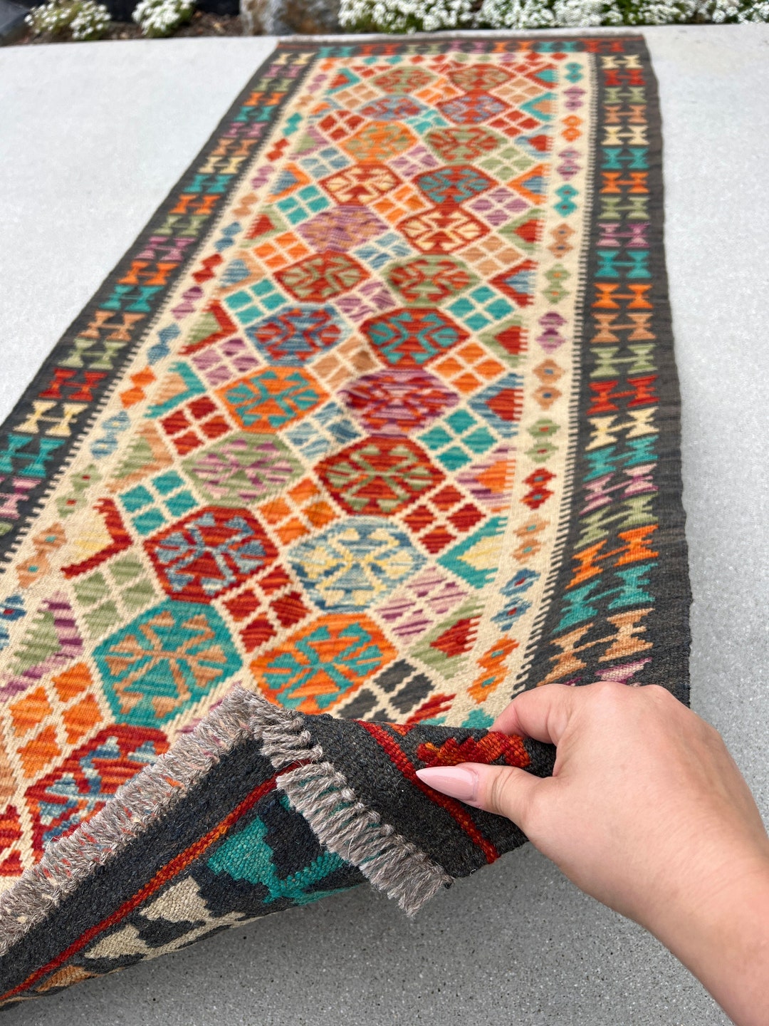 3x7 Handmade Afghan Kilim Runner Rug | Charcoal Grey Burnt Rust Orange ...