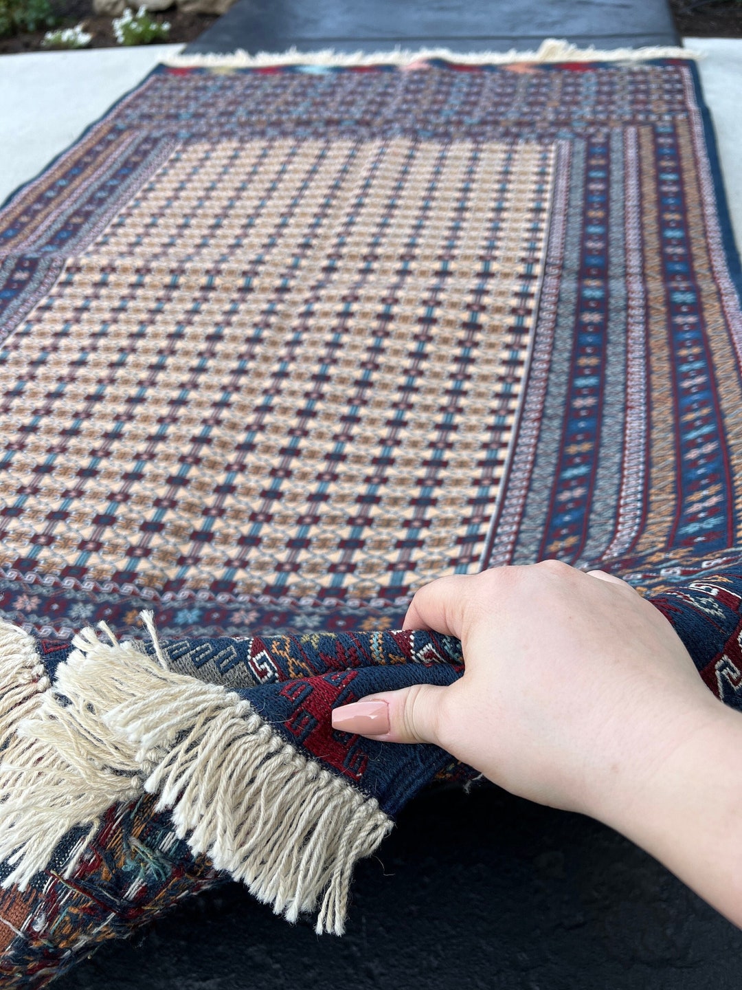 4x7 (120x215) Handmade Vintage Soumak Afghan Rug | Midnight Blue Blood ...