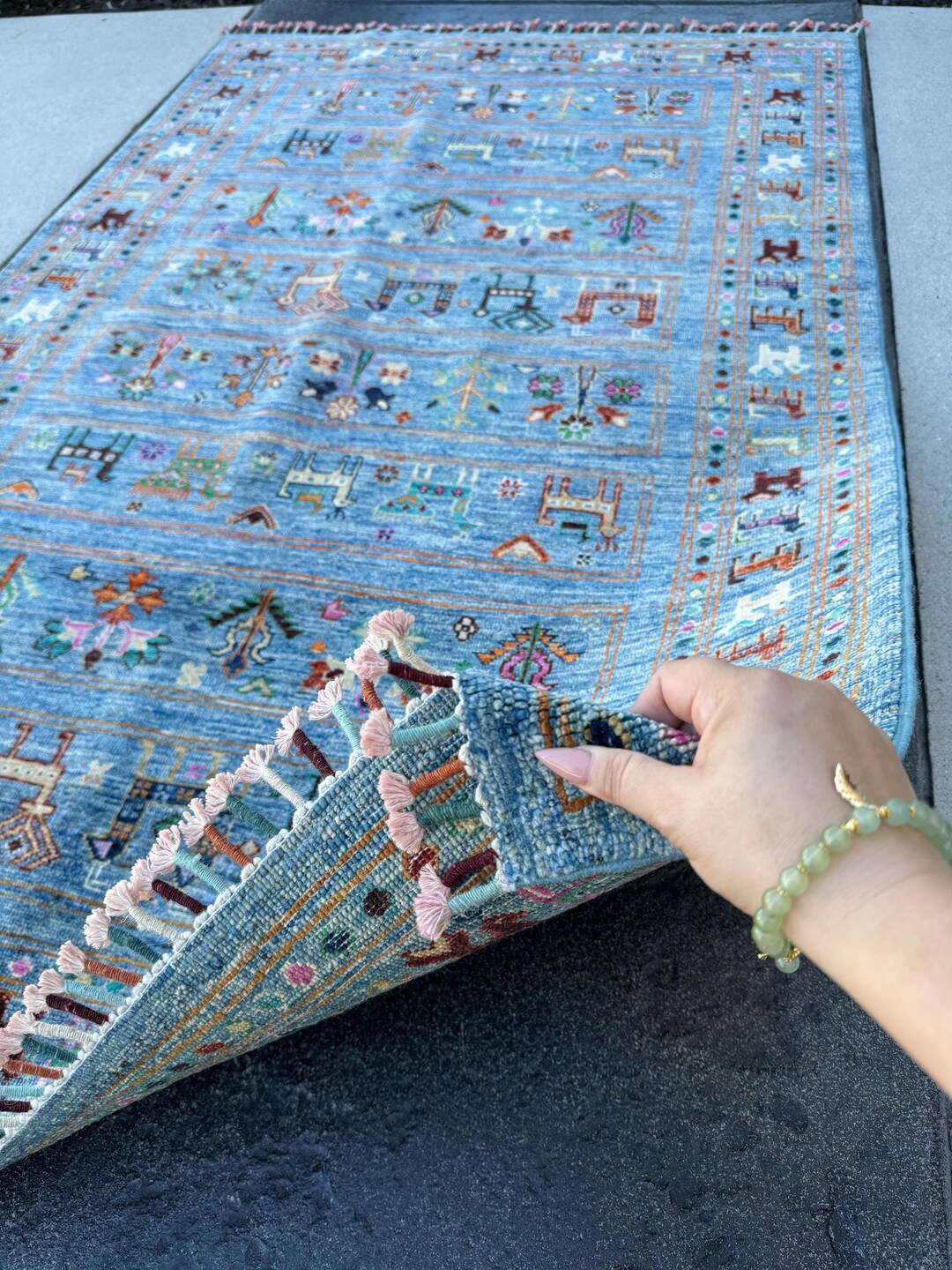 4x7 Handmade Afghan Rug | Muted Calming Navy Blue Cream Fuchsia Pink ...