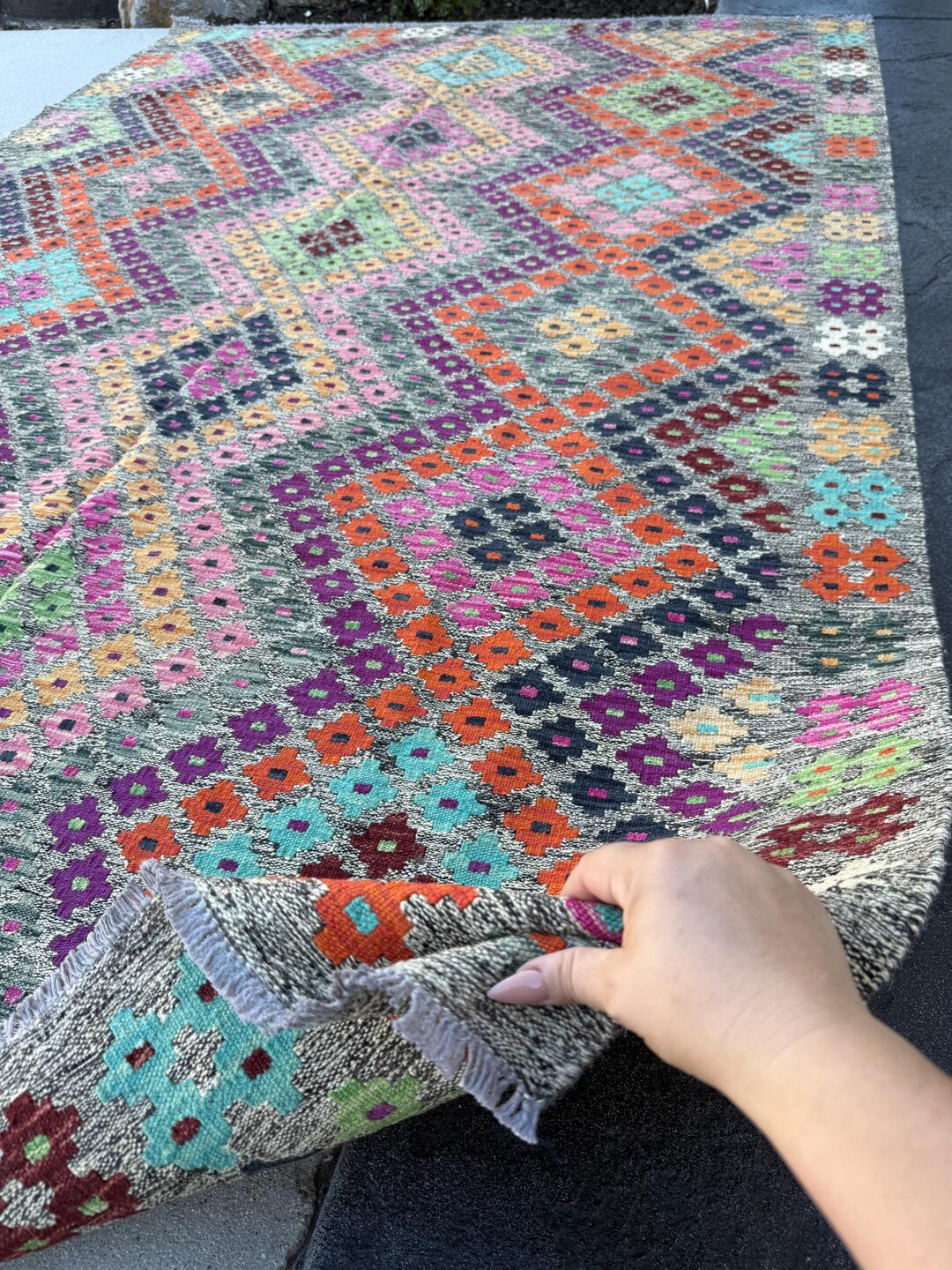 6x9 Handmade Afghan Kilim Grey Aqua Turquoise Teal Lime Green Fuchsia ...